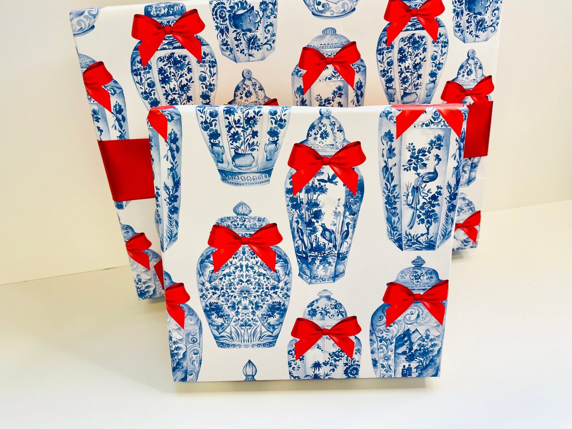 Wrapping Paper • Red Bow Ginger Jars Blue & White • 4 Flat Sheets • 20 ...