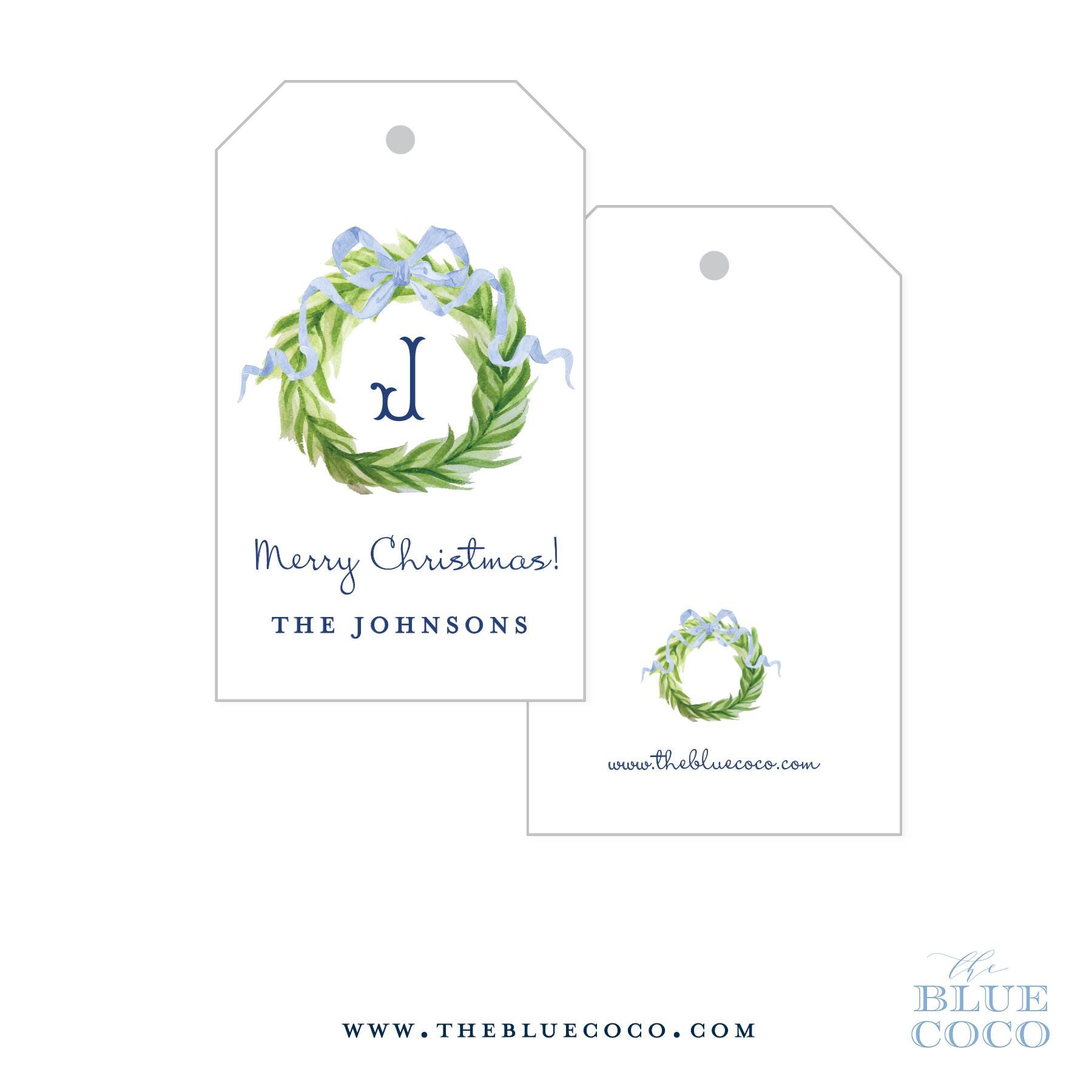 Wreath With Blue Bow Christmas Gift Tags | Set of 16 - Etsy