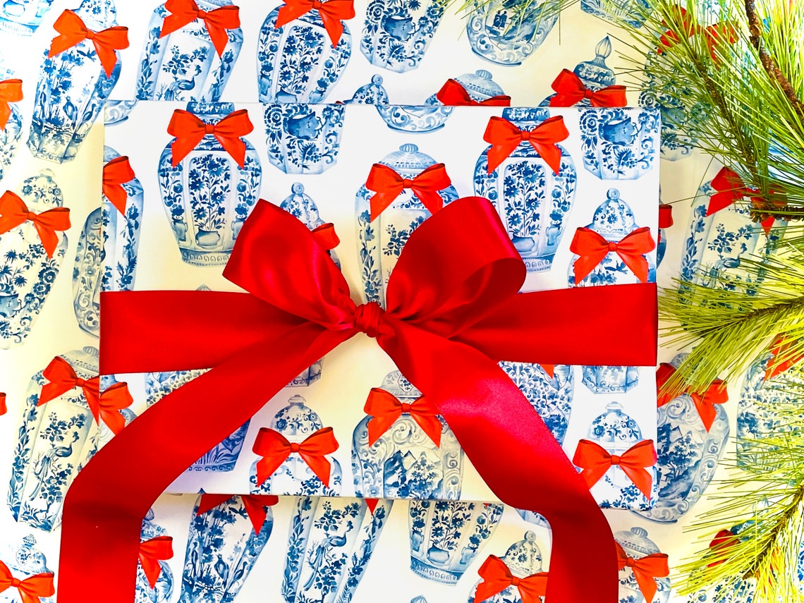 Wrapping Paper • Red Bow Ginger Jars Blue & White • 4 Flat Sheets • 20 ...