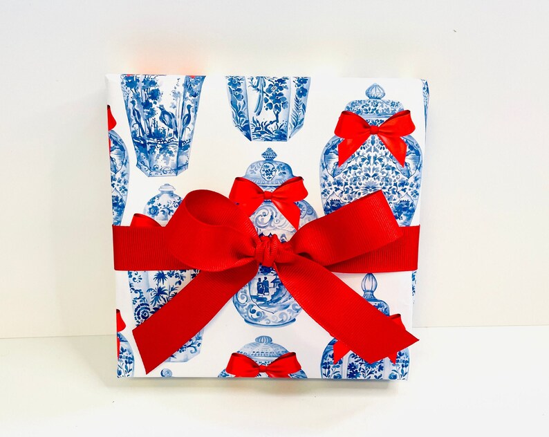Wrapping Paper • Red Bow Ginger Jars Blue & White • 4 Flat Sheets • 20 ...