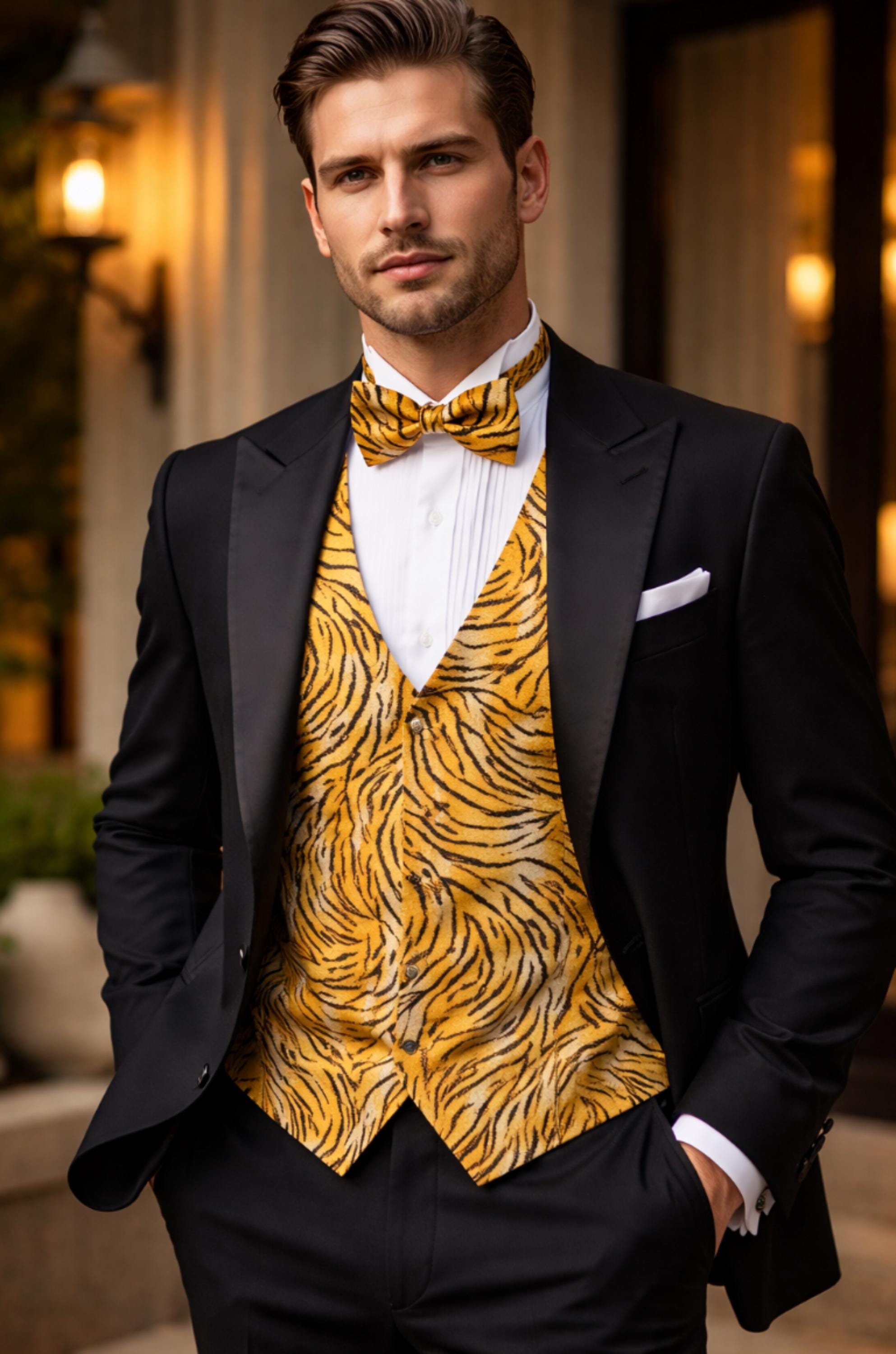 Tiger Stripes Tuxedo Vest & Tie, Bold Black and Orange Pattern, for ...