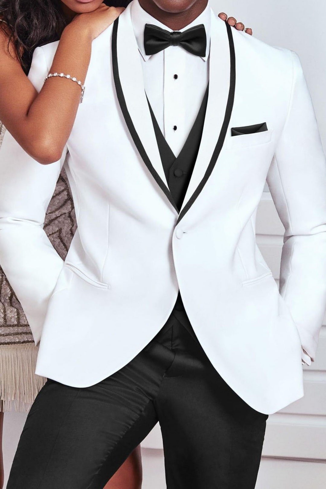 Slim Fit White Shawl Tuxedo Dinner Jacket With Black Trim, Classic ...