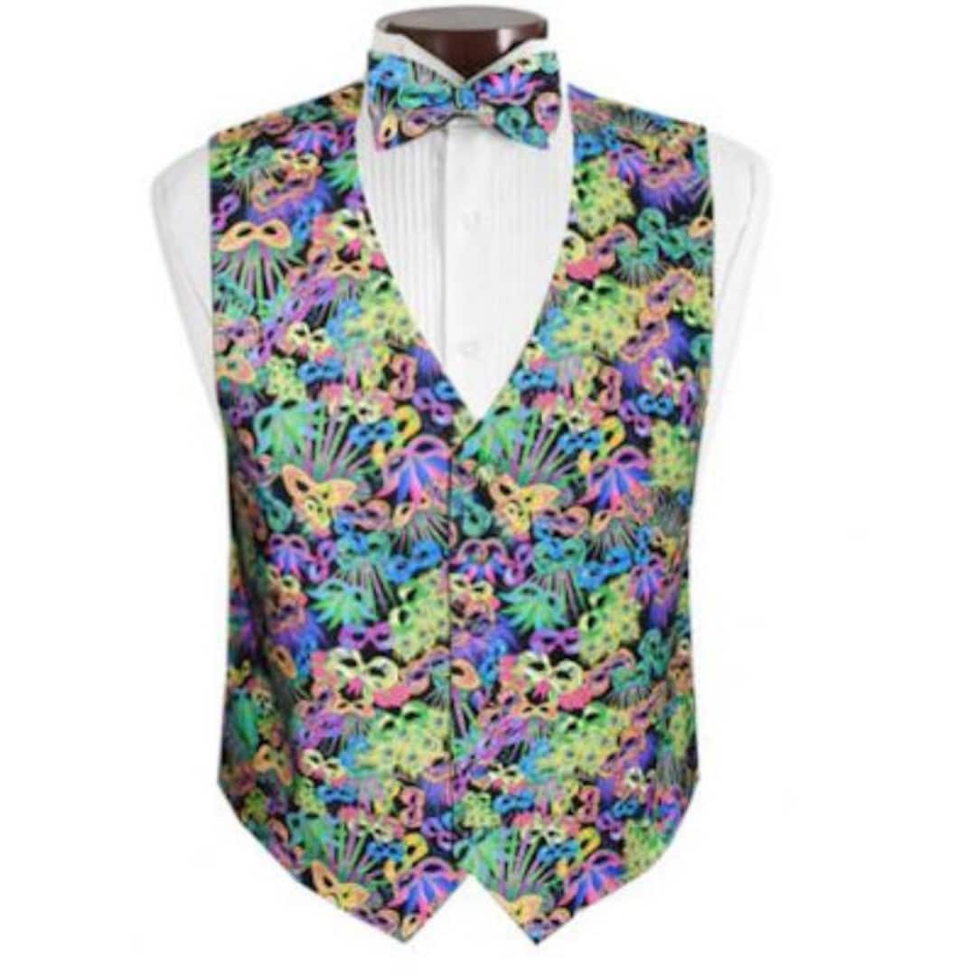 Mardi Gras Carnival Tuxedo Vest & Bow Tie Set, Festive Purple Green ...