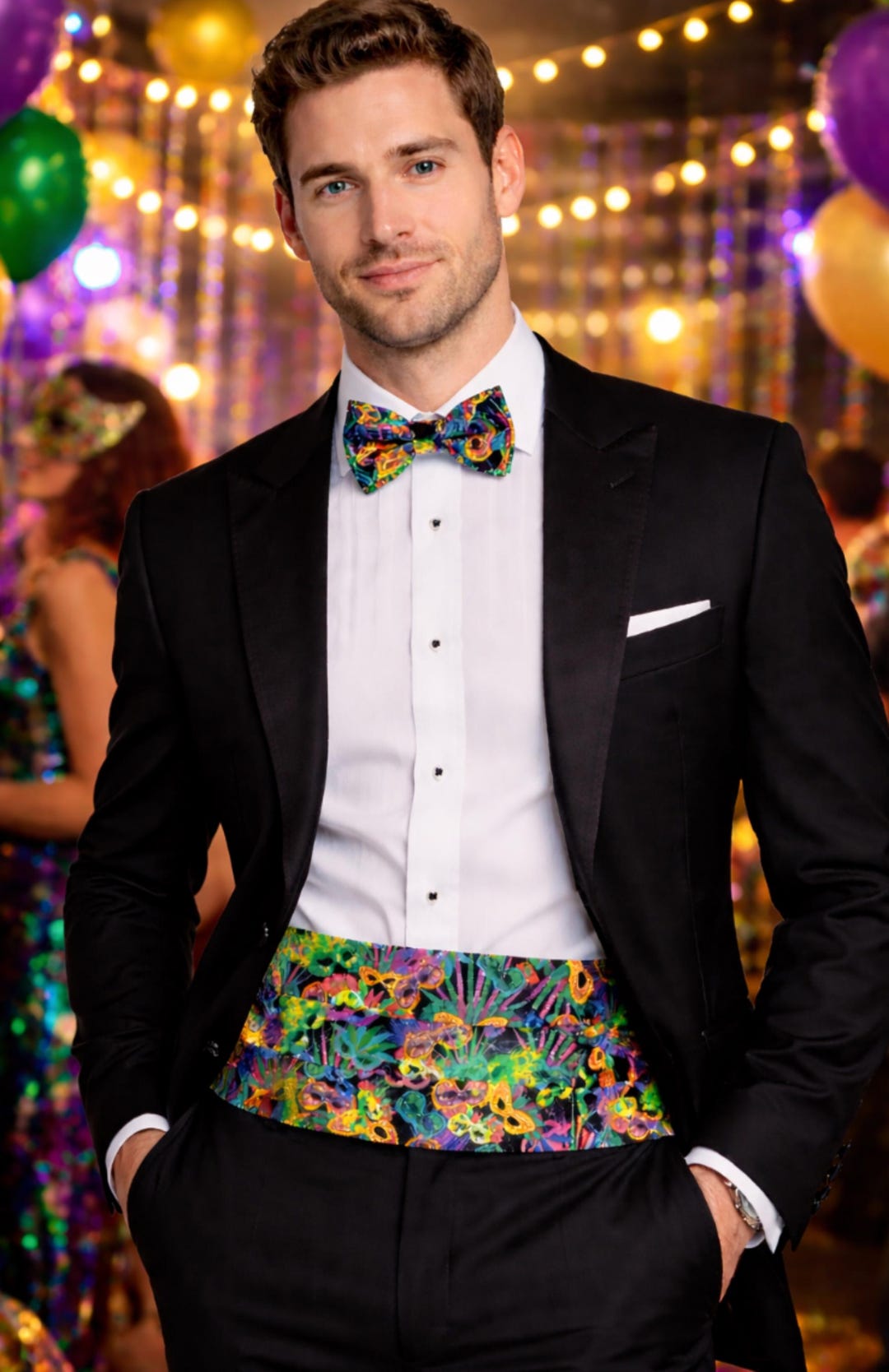 Mardi Gras Mask Cummerbund and Bow Tie Set, Cotton Tuxedo Sash, Vibrant ...