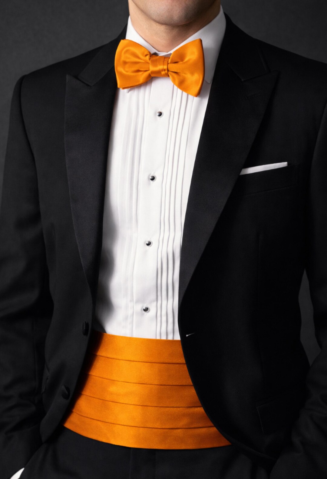 Bright Mandarin Orange Tuxedo Accessories, Patterned Cummerbund & Bow ...