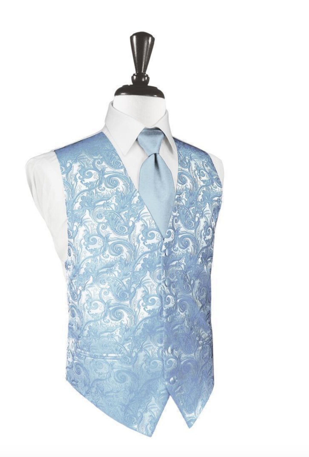 Light Blue Paisley Full Back Tuxedo Vest and Contrasting Solid Necktie ...