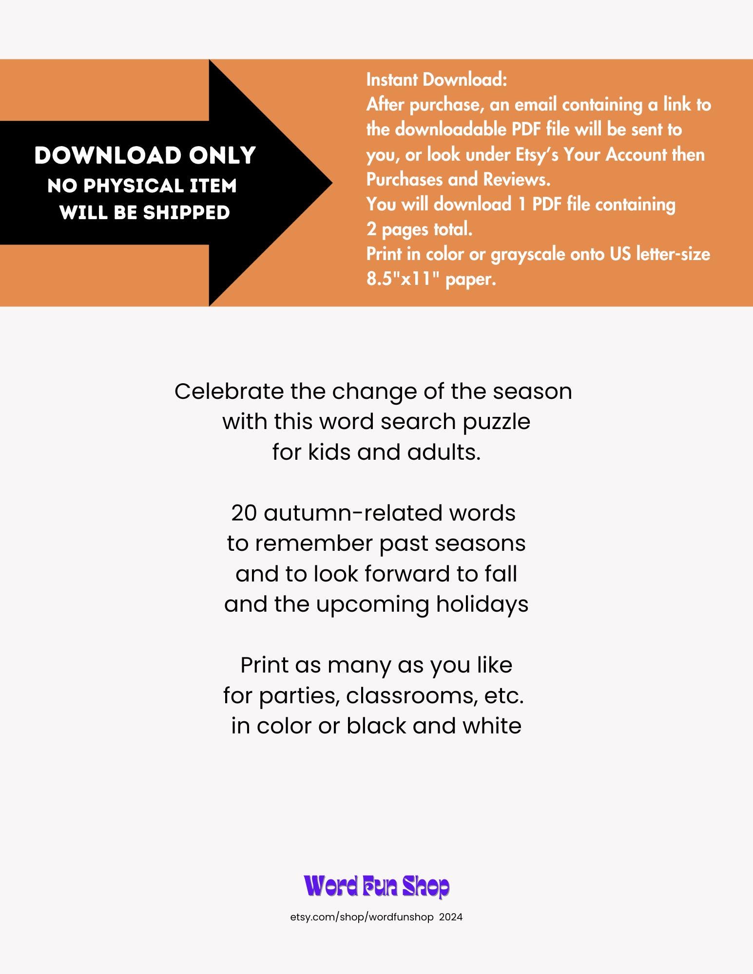 Fall Word Search Puzzle Autumn Game Printable Download All Ages - Etsy