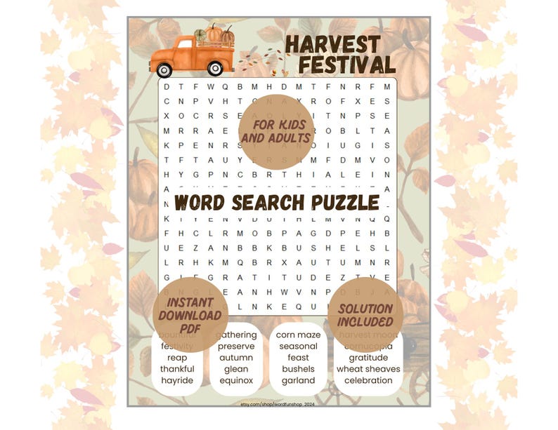 Harvest Festival Word Search Puzzle Autumn Fall Game All Ages Printable ...