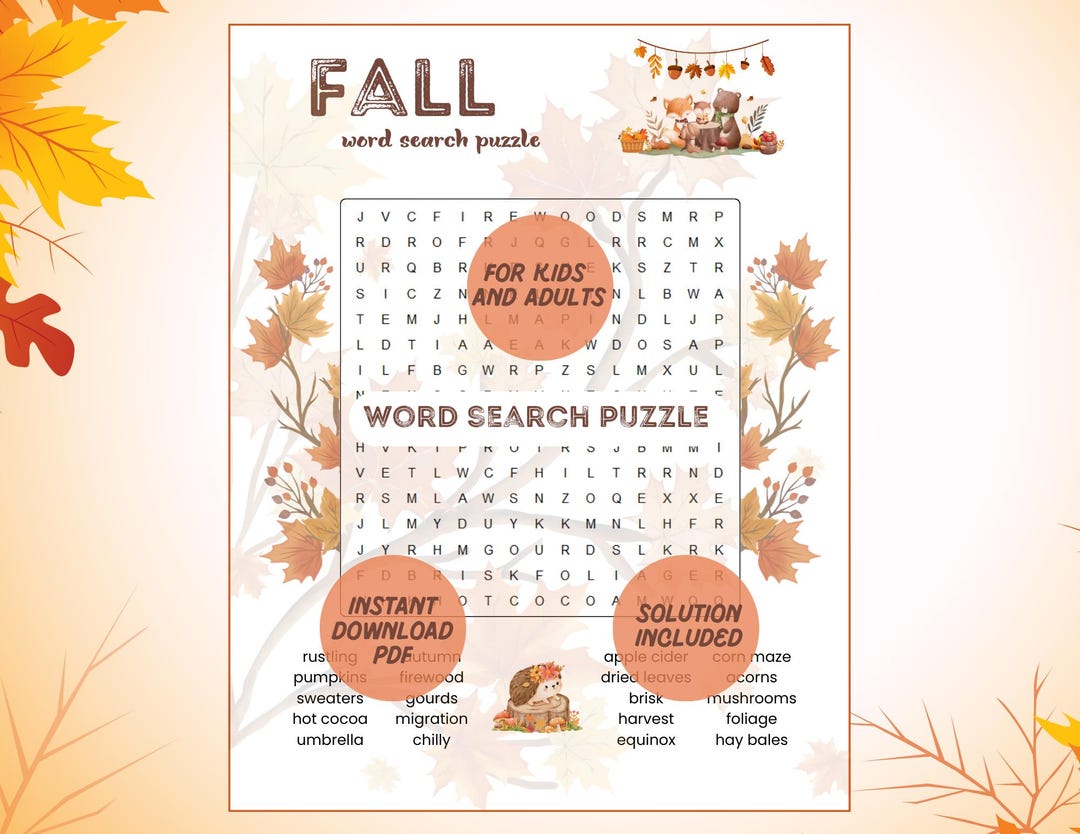 Fall Word Search Puzzle Autumn Game Printable Download All Ages - Etsy