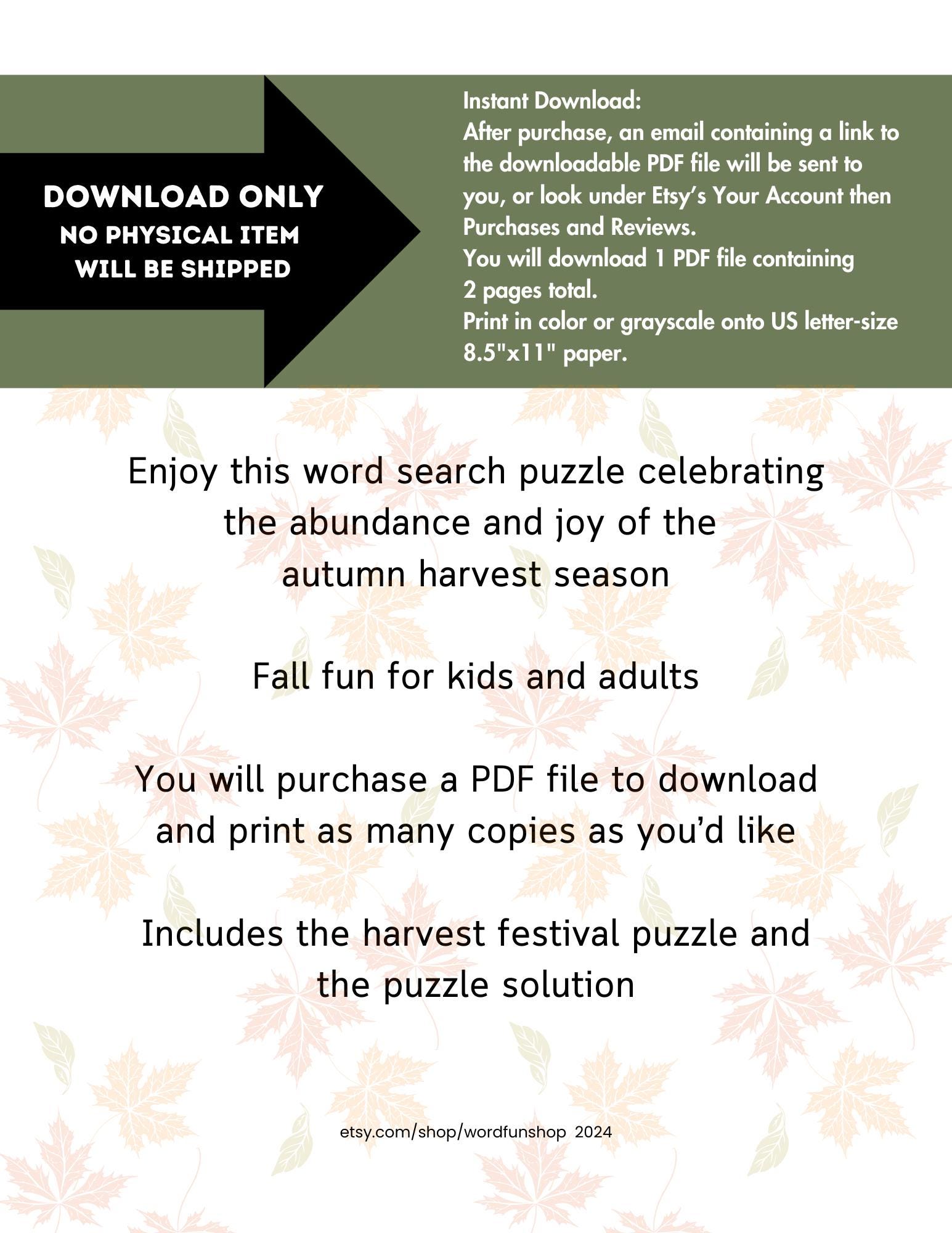 Harvest Festival Word Search Puzzle Autumn Fall Game All Ages Printable ...