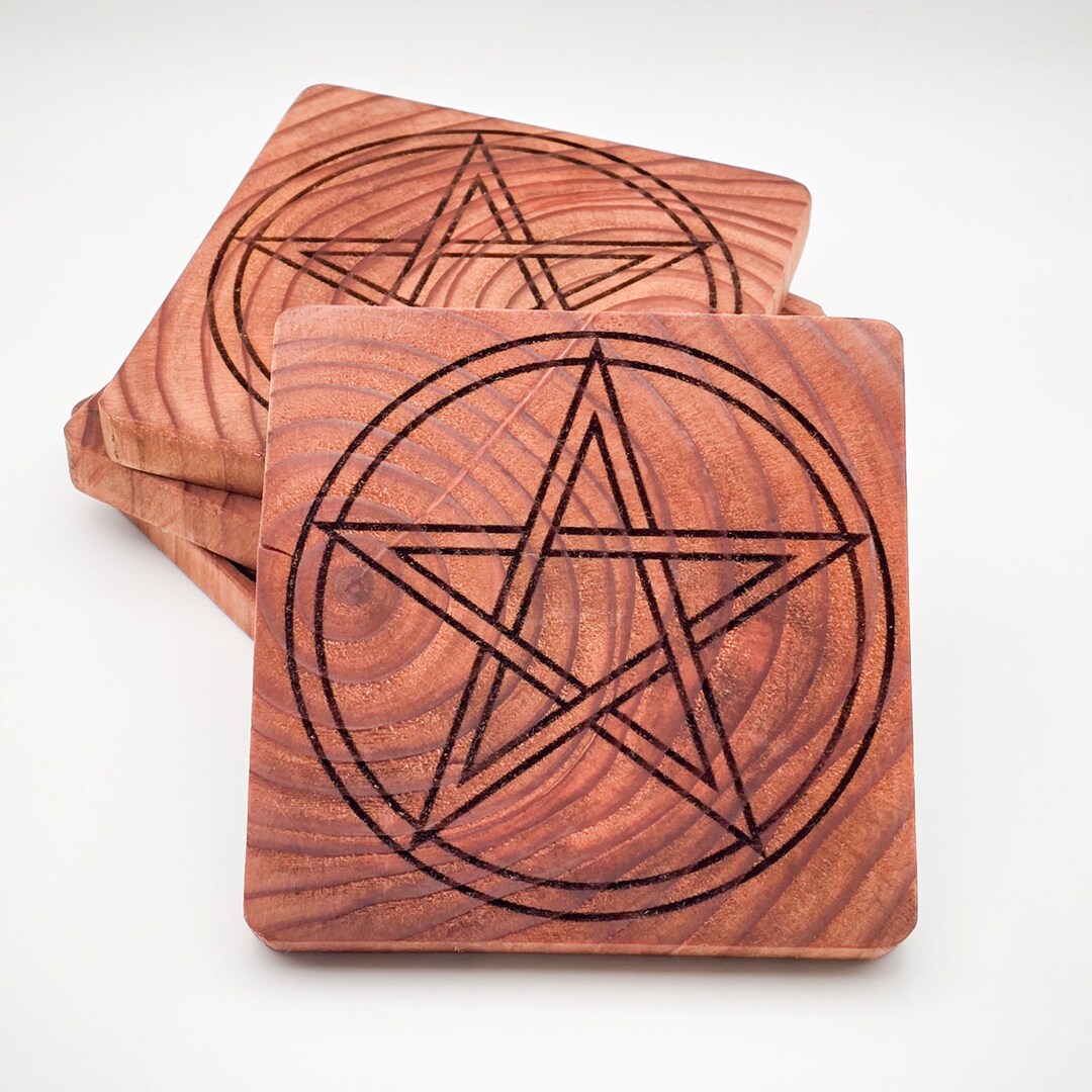 Redwood Pentagram Engraved Coasters Handmade With Natural Cork Base - Etsy