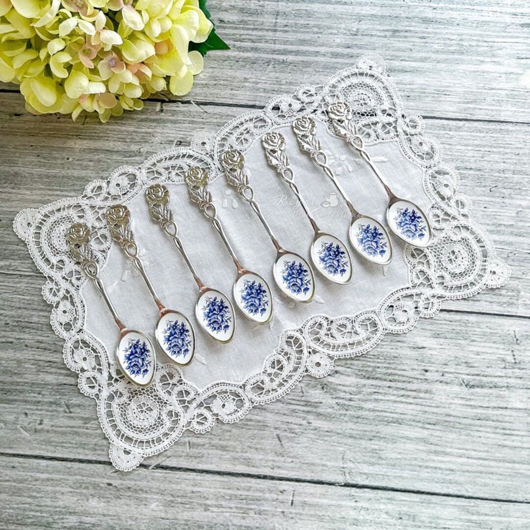 8pc - Vintage Tea Spoons Set Blue White Rose Flower Enamel and Rose ...