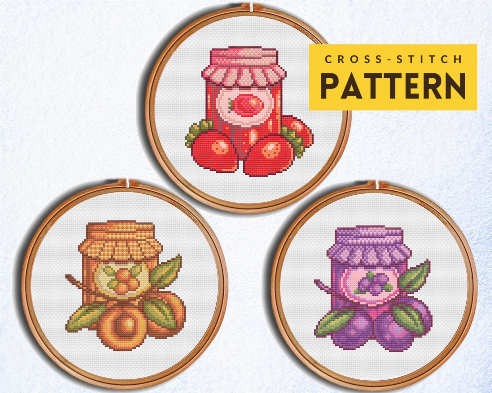 Set of 3 Jam Cross Stitch Pattern, Strawberry Jam Cross Stitch, Apricot ...
