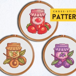 Set of 3 Jam Cross Stitch Pattern, Strawberry Jam Cross Stitch, Apricot ...