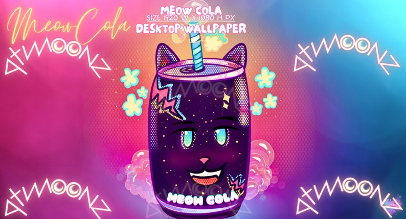 Meow Cola Digital Wallpaper - Cute Purple Kawaii Kitty Soda Pop BG for ...