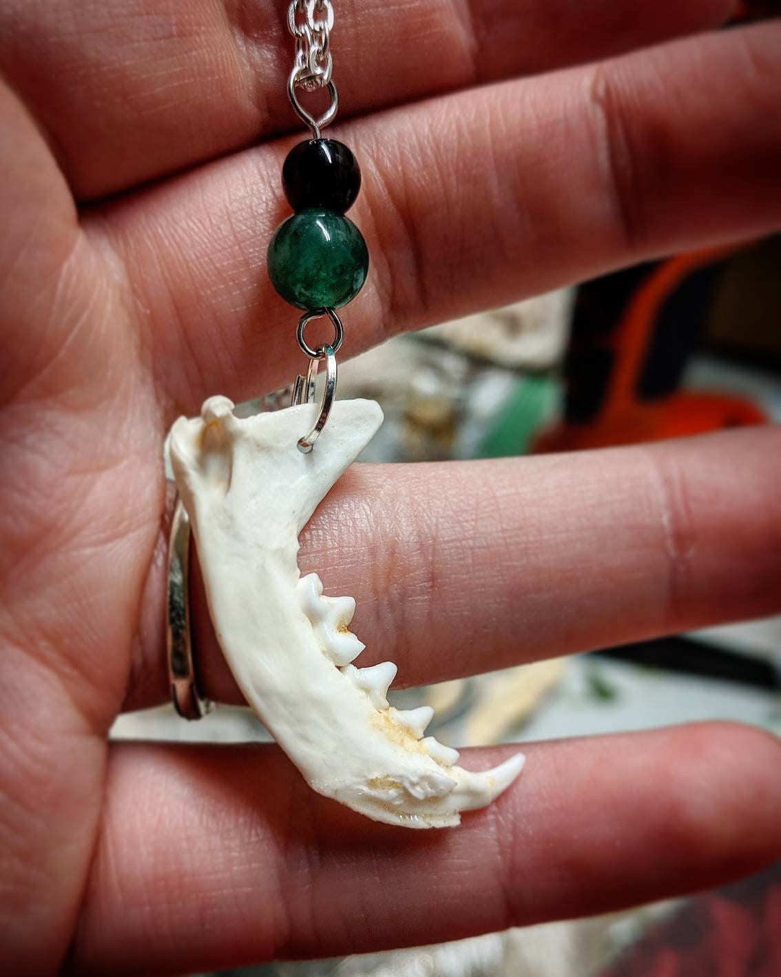 Jaw Bone Necklace With Green Aventurine and Black Jasper mink | Etsy