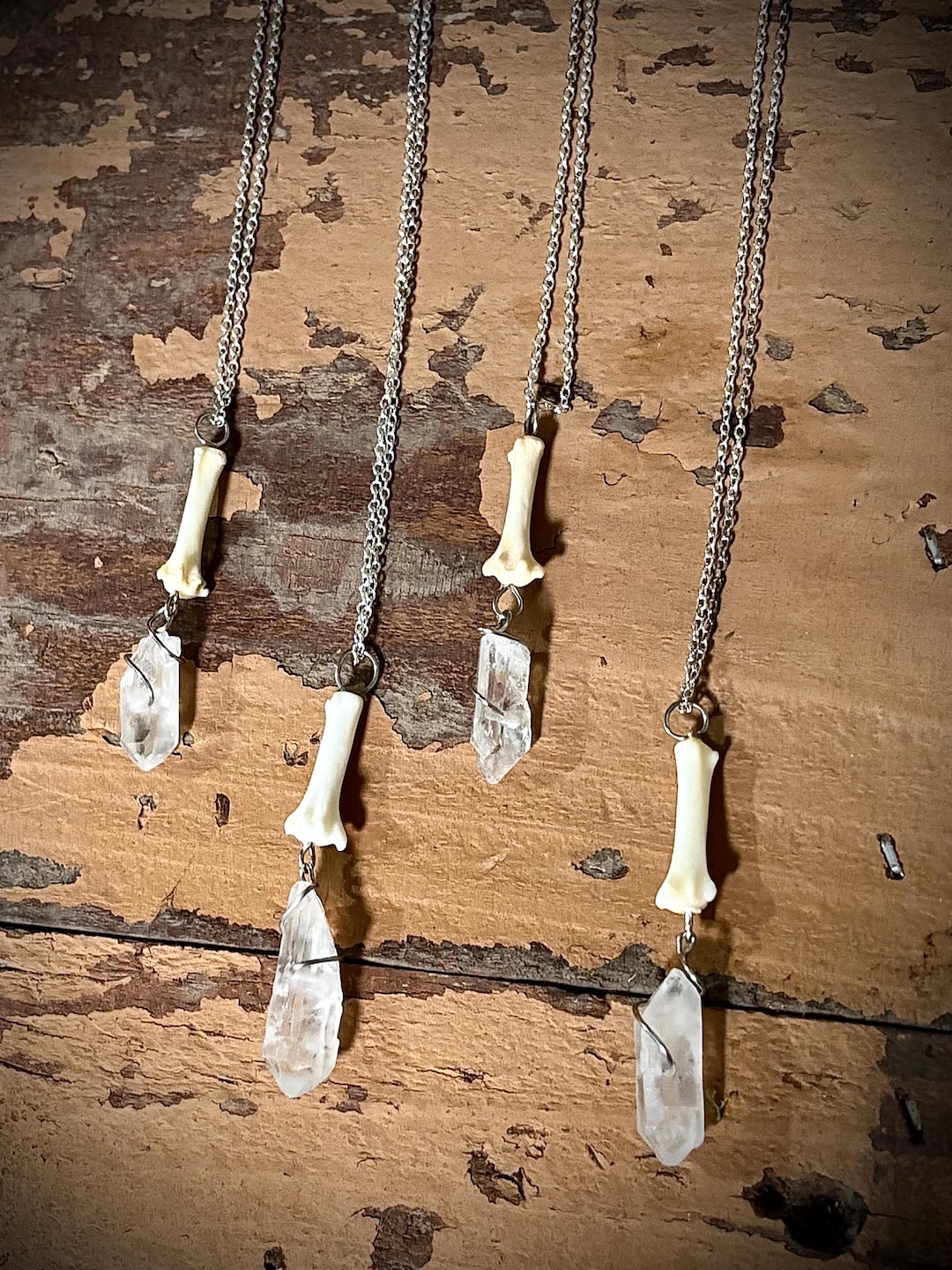 Real Bone and Quartz Point Crystal Necklace, Wire Wrapped, Hippie ...