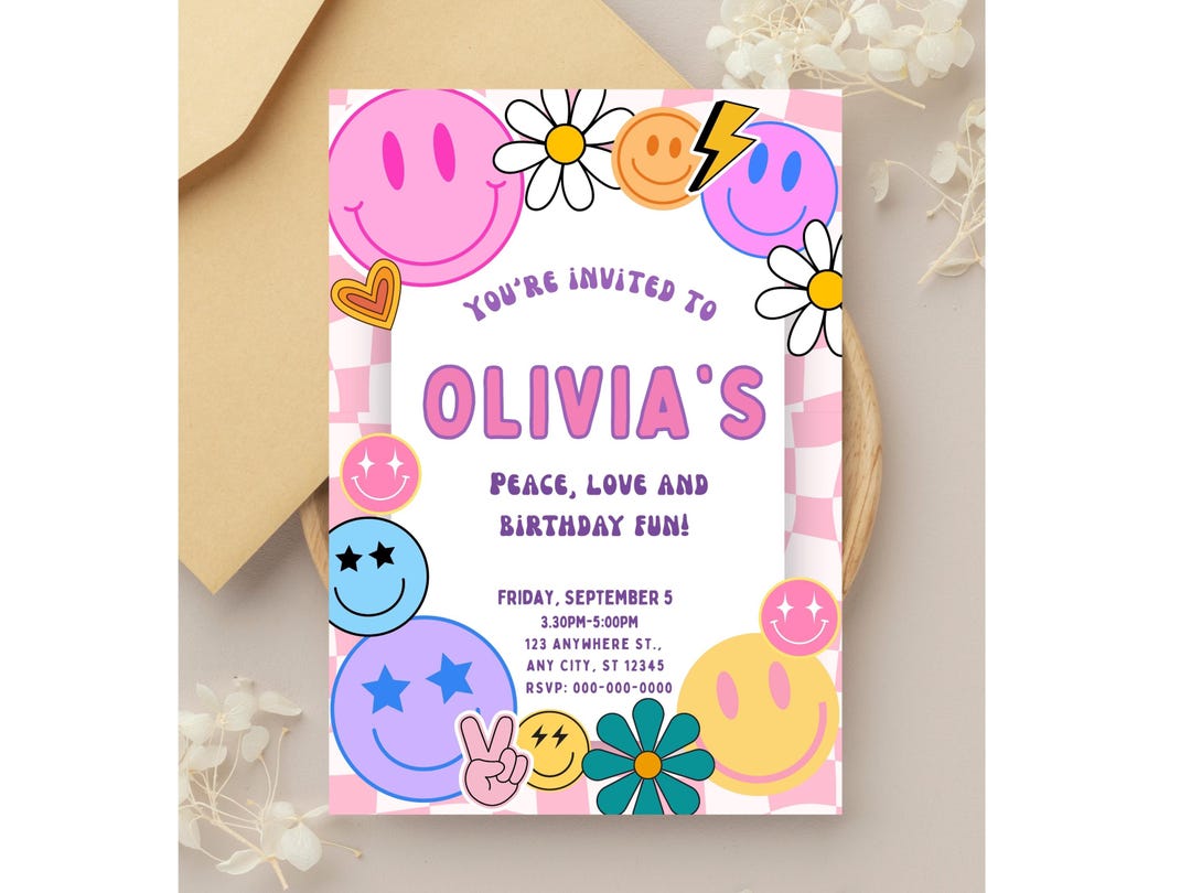 90s Smiley Face Birthday Invitation | Retro Party Printable, Peace Love ...