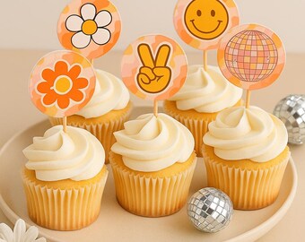 Retro Cupcake Toppers | 70s Birthday Party Decorations | Peace Sign ...