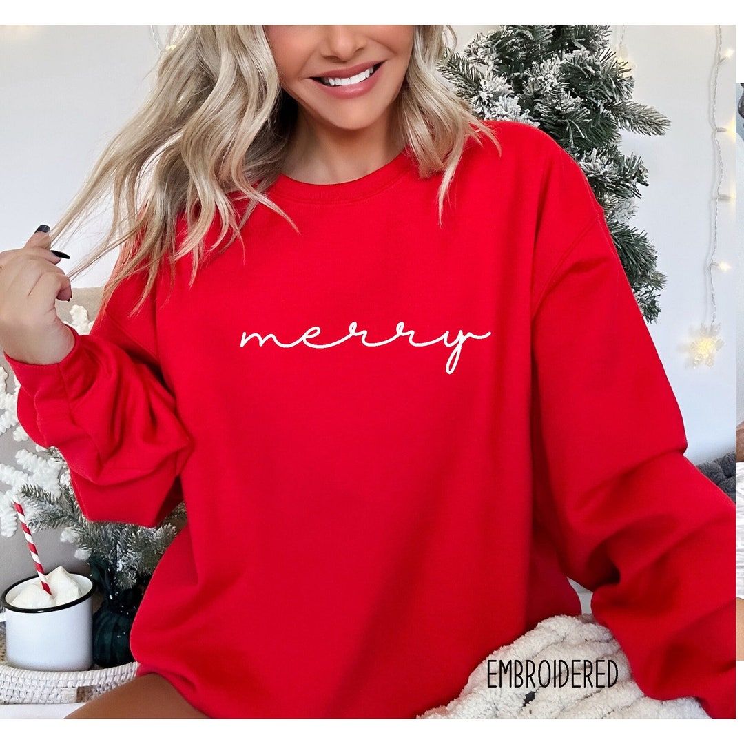 Embroidered Merry Sweatshirt, Christmas Sweatshirt, Womens Christmas ...