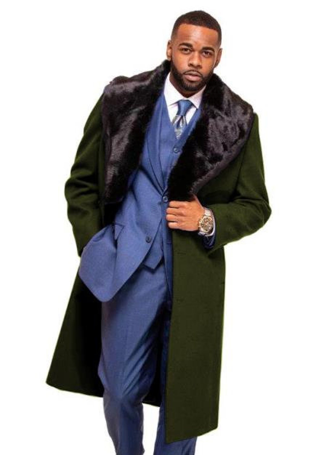 Dark Olive Overcoat Topcoat With Fur Collar in Cashmere and Wool Fabric ...