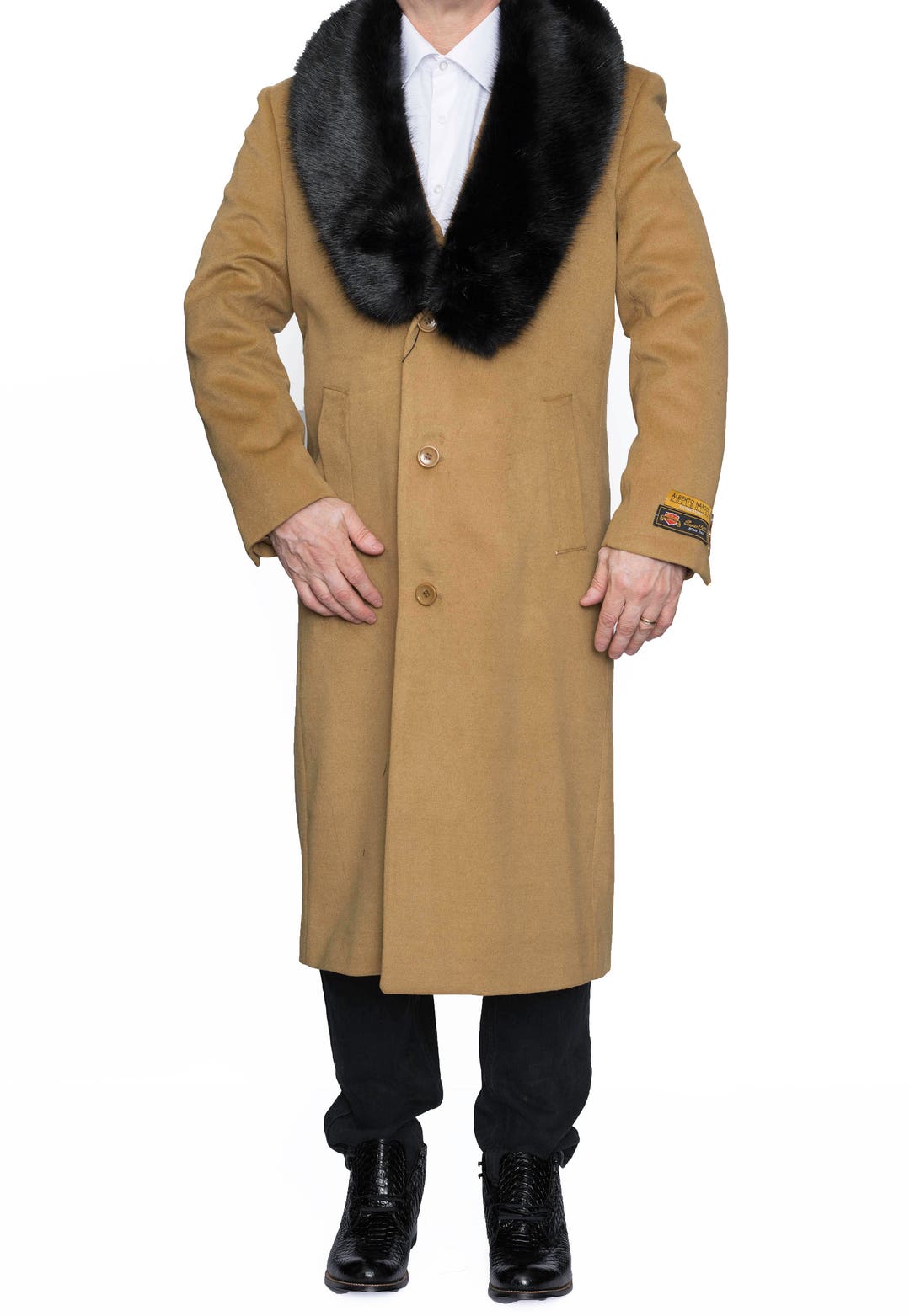 MENS Camel Color With Removable Fur Collar 65% Wool Made Overcoat ...