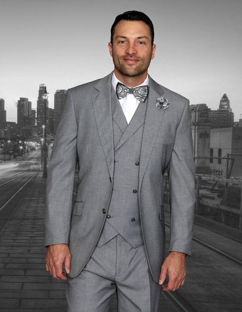 3pc 2 Button Grey Mens Suit With Double Breasted Vest - Etsy