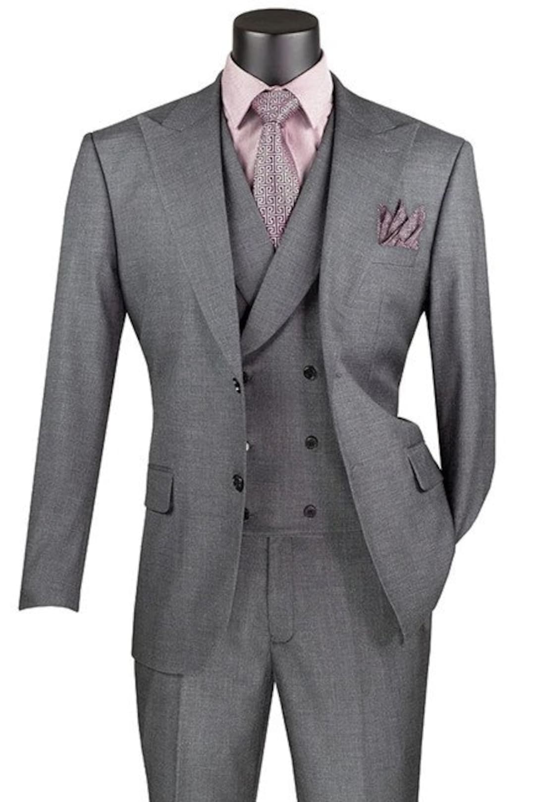 Men's Summer Sharkskin Suit With Double Breasted Vest in Charcoal Grey ...