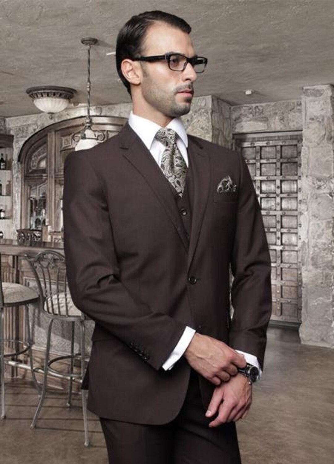 Mens 2 Button Solid Color Brown Mens Suit With A Vest 3 Piece Tapered ...