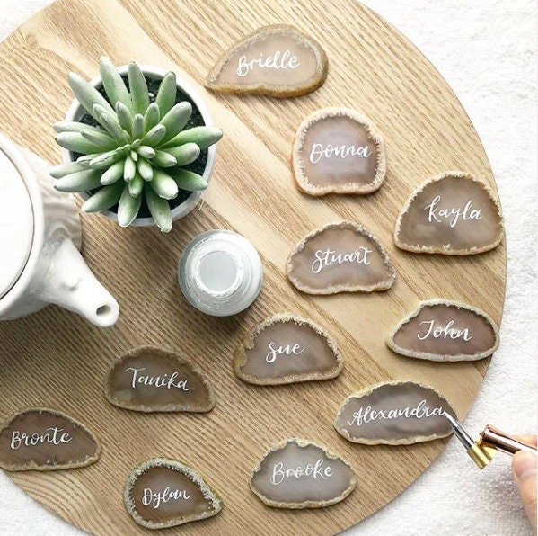 Agate Place Cards With Calligraphy, Wedding Agate Slices, Place Cards ...