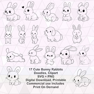 Rabbit Digital Stamps, Doodles, Clip Art Set | SVG + PNG Files for ...