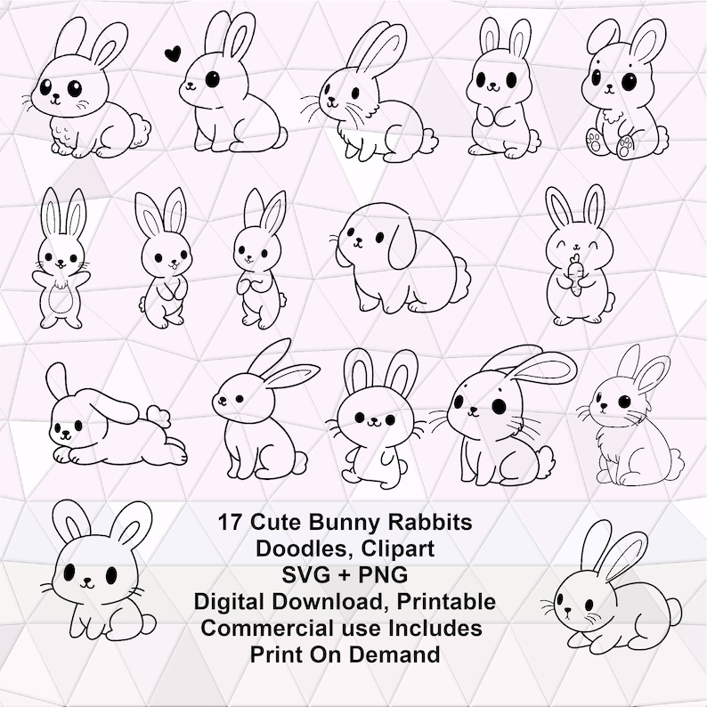 Rabbit Digital Stamps, Doodles, Clip Art Set | SVG + PNG Files for ...