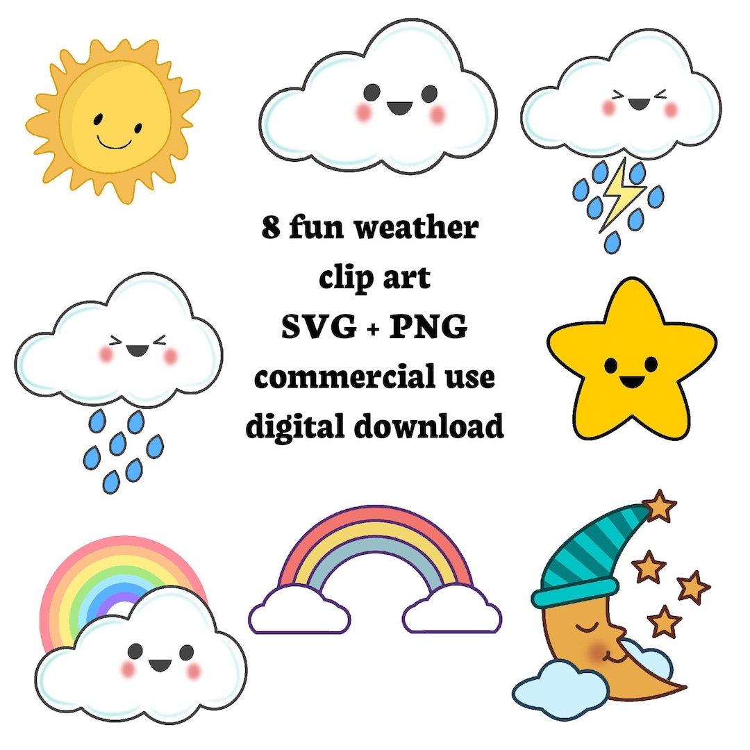 8 Cute Weather Clip Art, Clouds, Sun, Moon, Star, Rainbow, Svg, Png ...