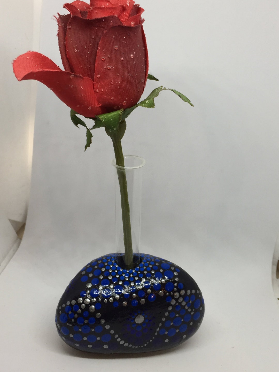 Mandala Stone as Table Vase Dot Painting Blue Silver - Etsy