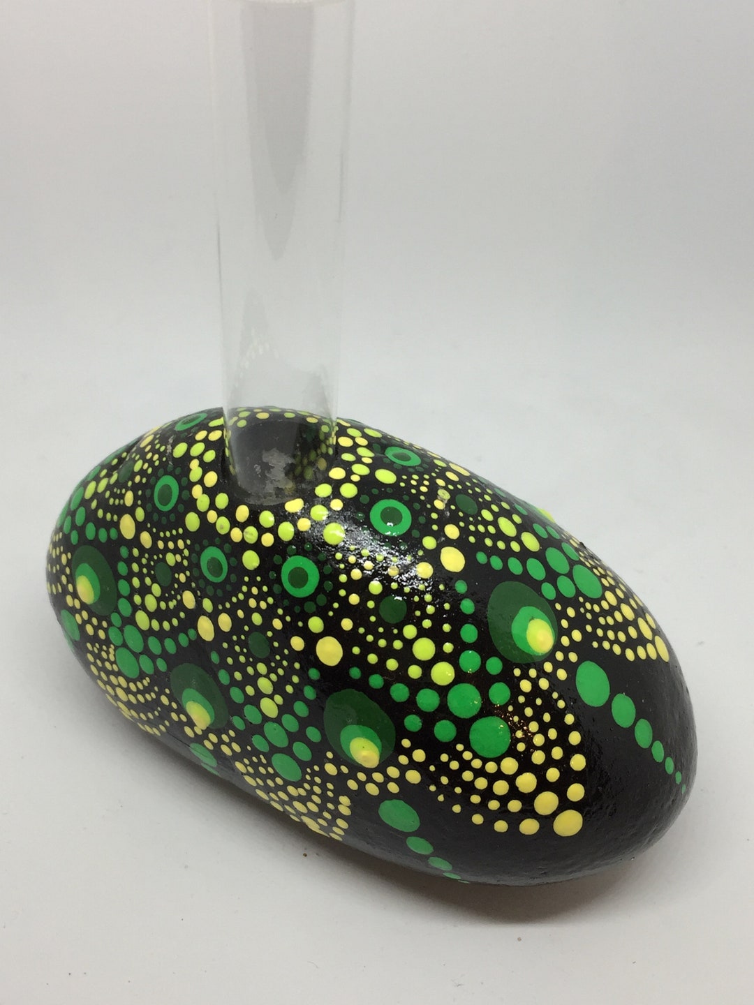 Mandala Stone as Table Vase Dot Painting Green Yellow - Etsy