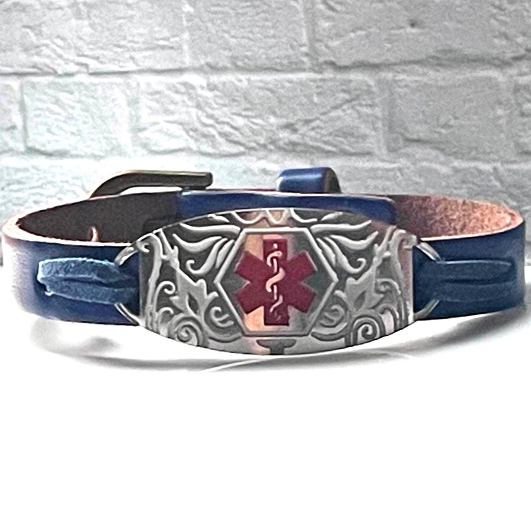 Madeleine Blue Leather Medical Alert ID Bracelet With Free Personalised ...