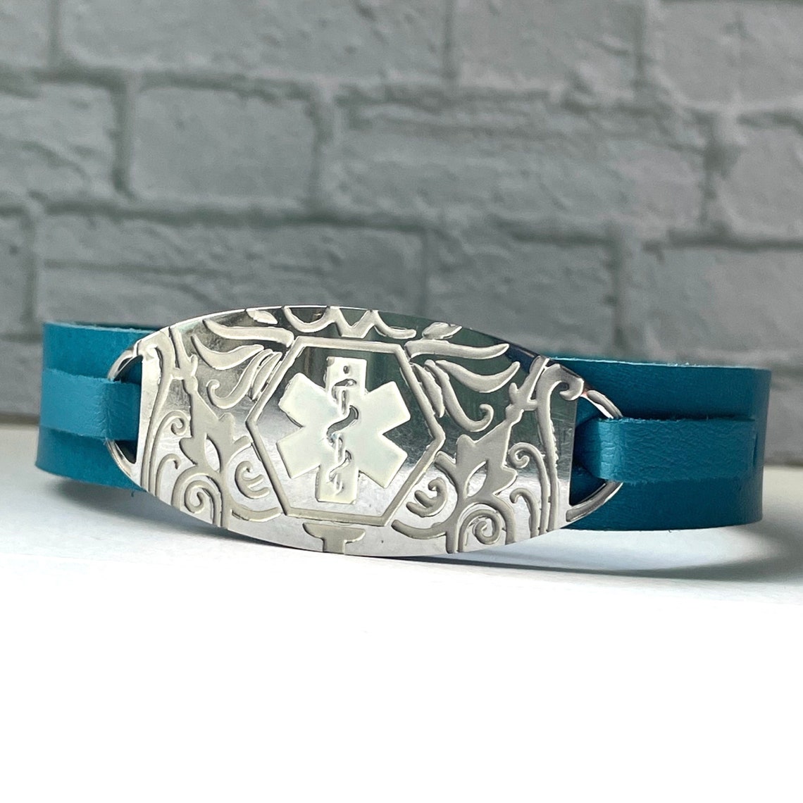Lister Blue Genuine Leather Medical Alert ID Bracelet Free Personalised ...