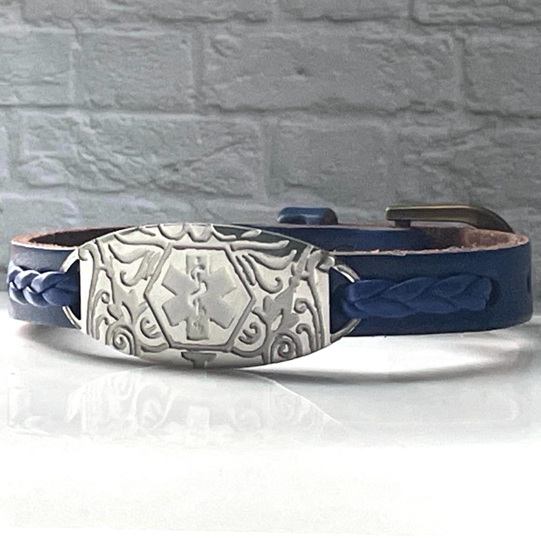 Elizabeth Blue Leather Medical Alert ID Bracelet With Free Personalised ...