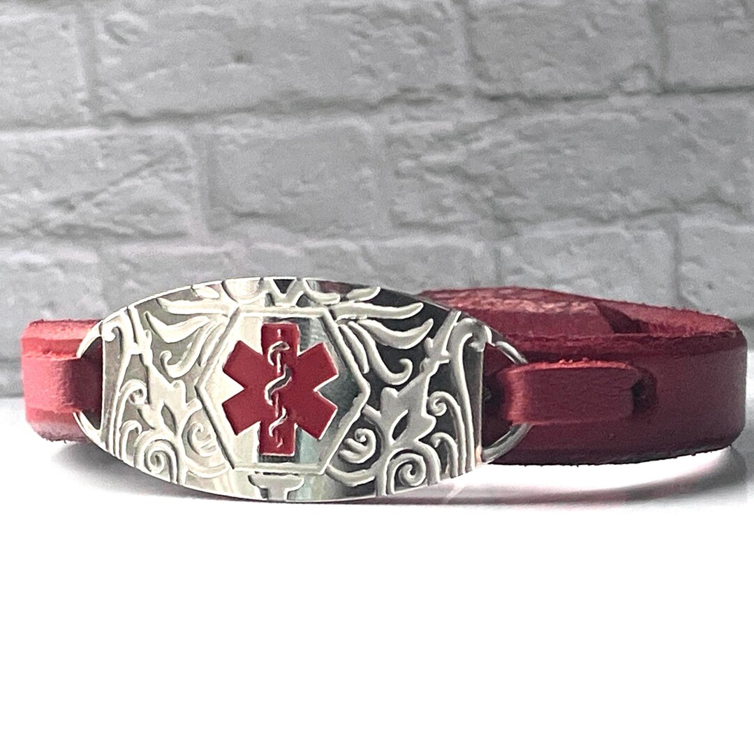 Jenny Red & Silver Genuine Leather Medical Alert ID Bracelet With Free ...