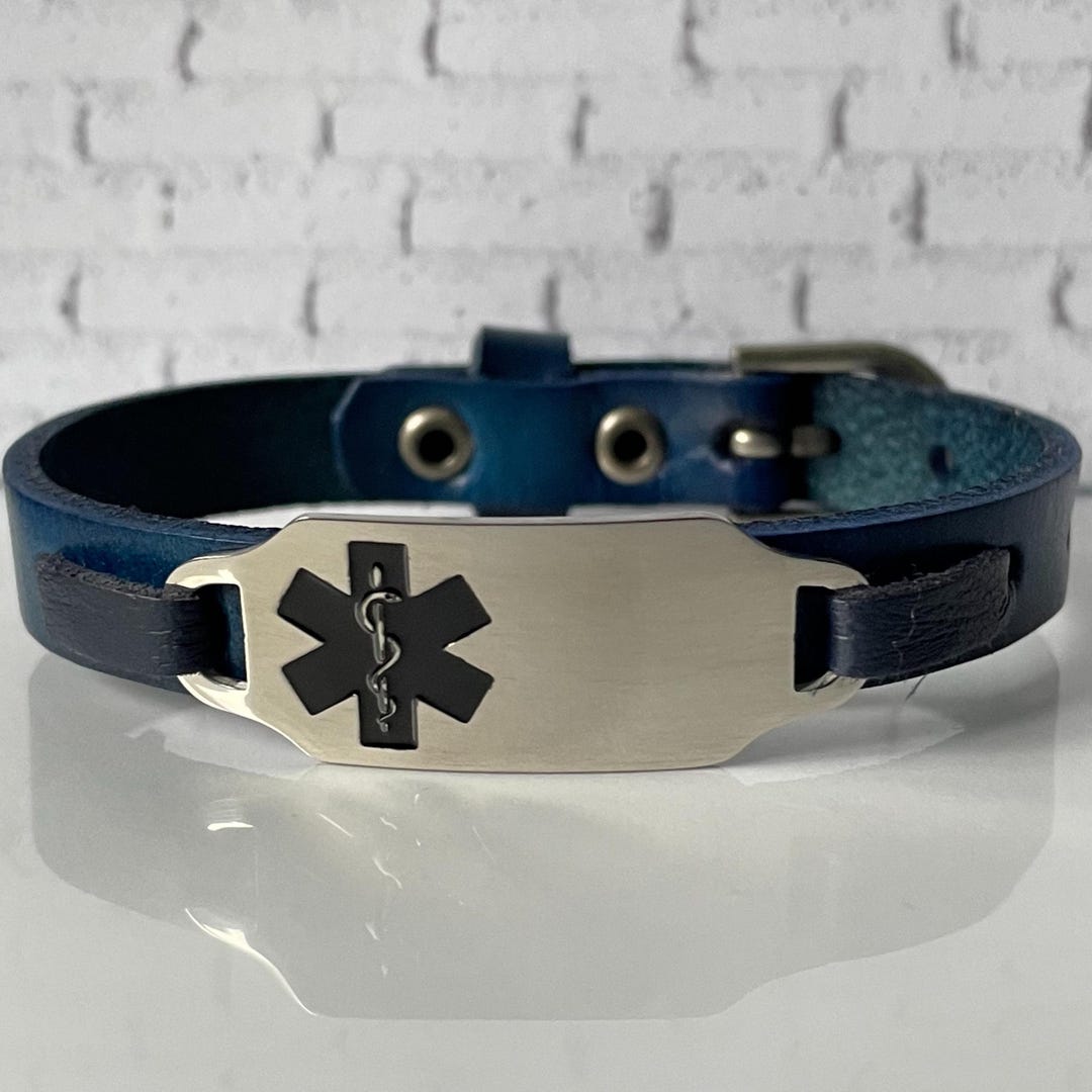 Charlotte Blue Genuine Leather Medical Alert ID Bracelet Free ...
