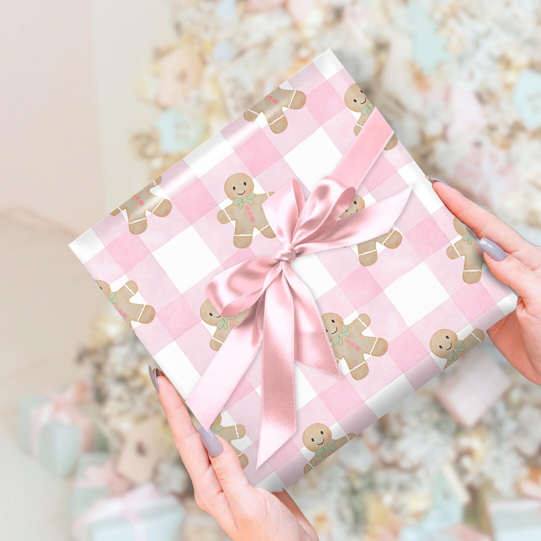 Watercolor Gingerbread Wrapping Paper Roll, Pink Gingham Christmas Gift ...