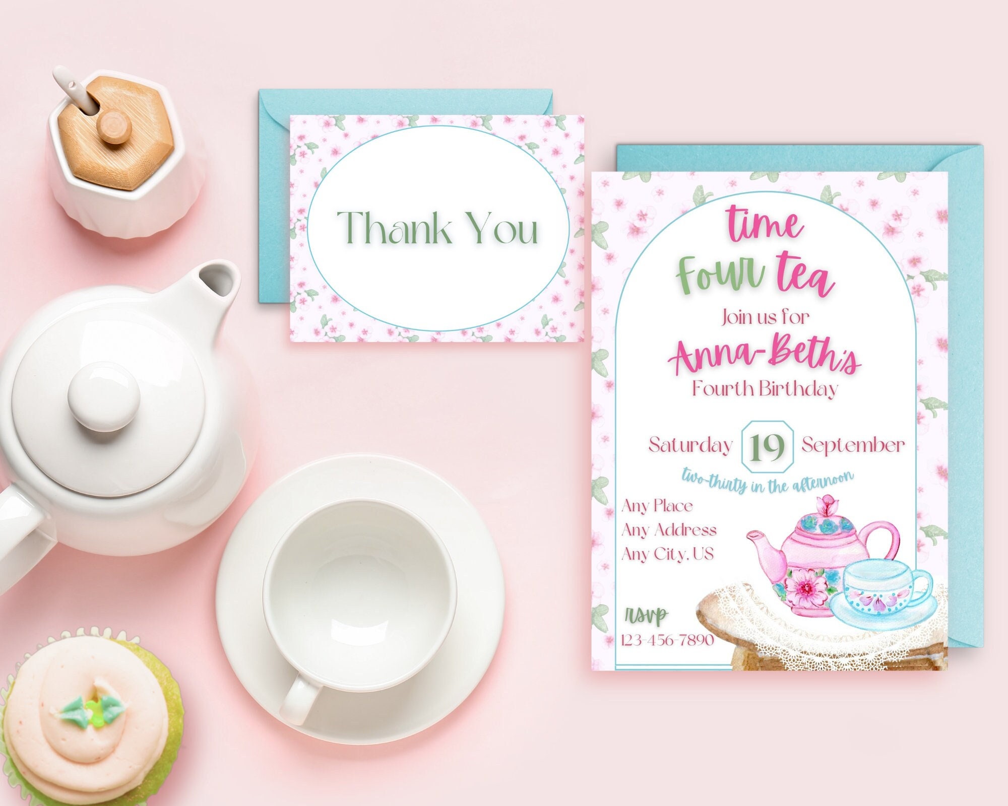 Ready four Tea Printable Fourth Birthday Tea Party Invitation Set ...