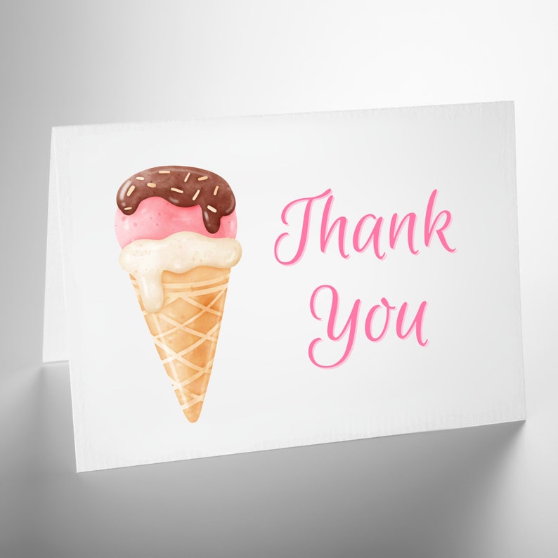 Ice Cream Thank You Notes, Cute Watercolor Ice Cream Cone Printed Thank ...
