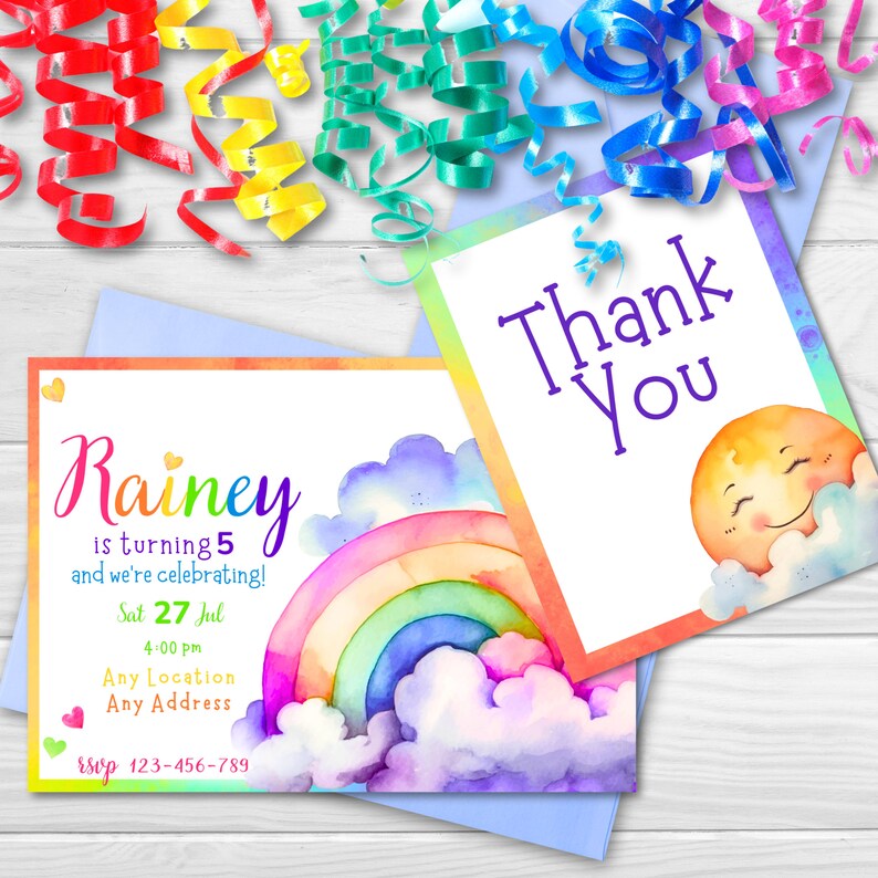 Colorful Rainbow Birthday Party Invitations, Watercolor B-day Invite ...