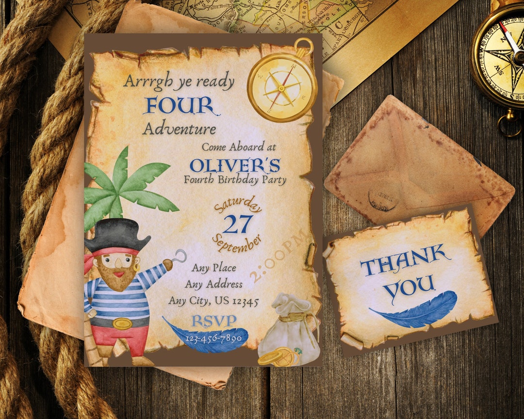 Ready "four" Adventure Printable Pirate Birthday Party Invitation Set ...