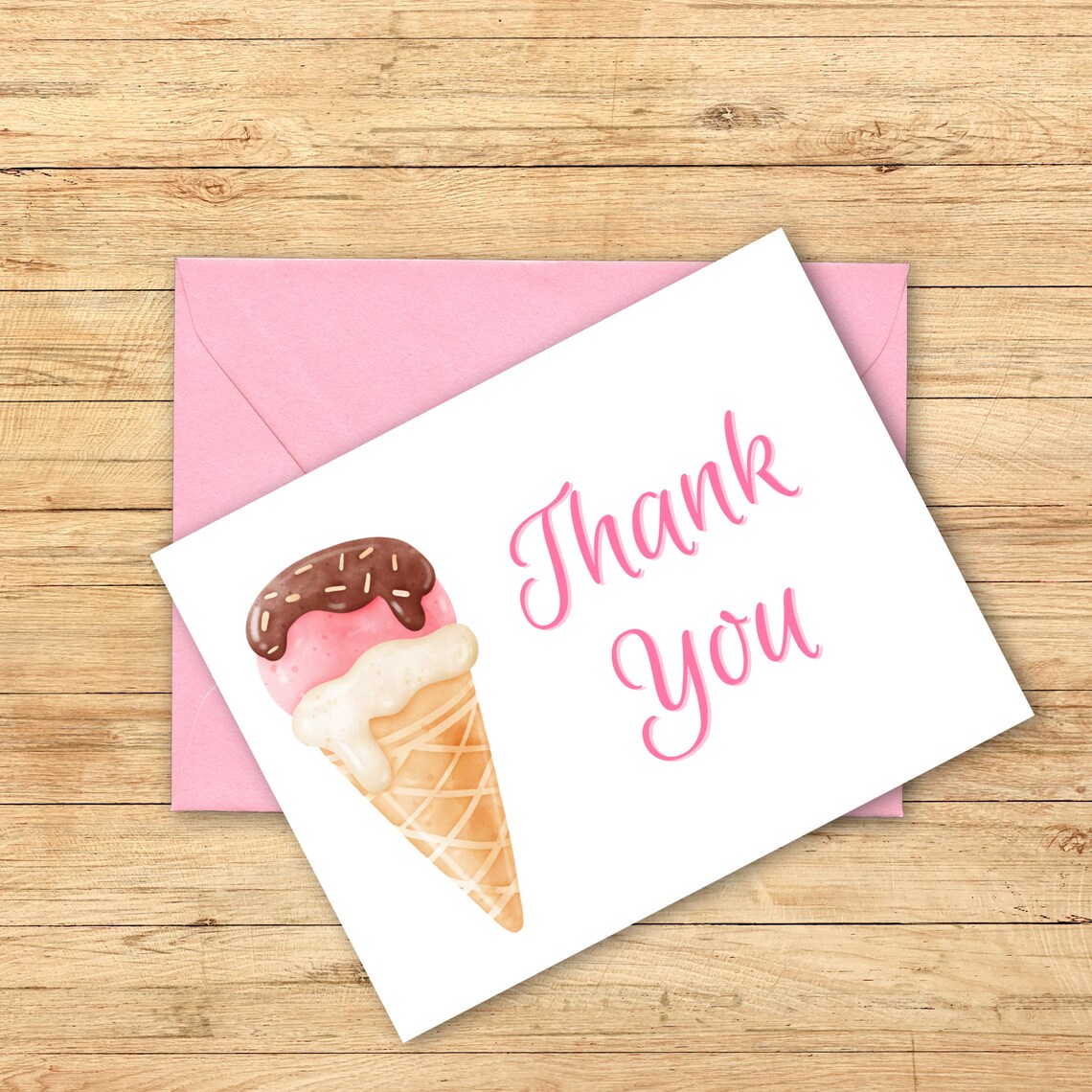 Ice Cream Thank You Notes, Cute Watercolor Ice Cream Cone Printed Thank ...