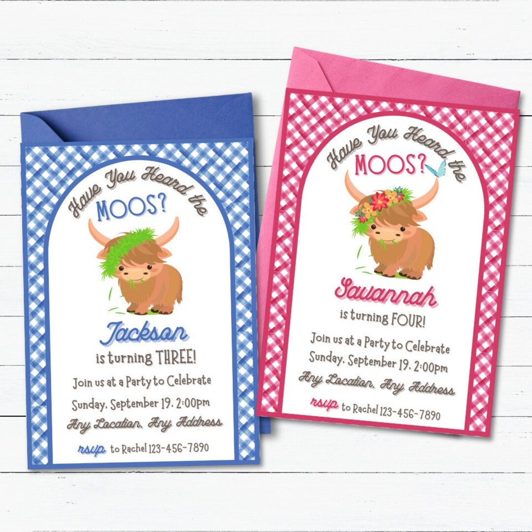 Cute Highland Cow Personalized Birthday Party Invitation Bundle, Hairy ...