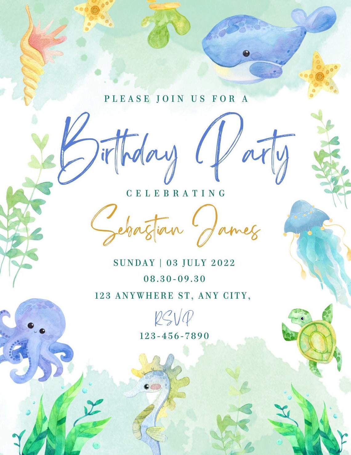 Under the Sea Birthday Party Invitation Ocean Fish Underwater Birthday ...