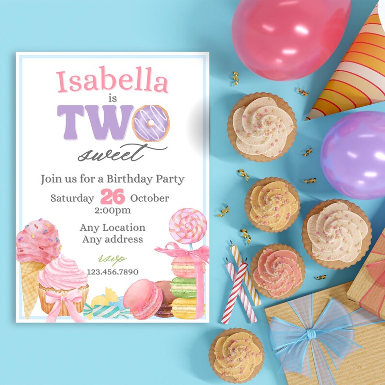 Two Sweet Second Birthday Printable Party Invitations Set, Too Sweet ...