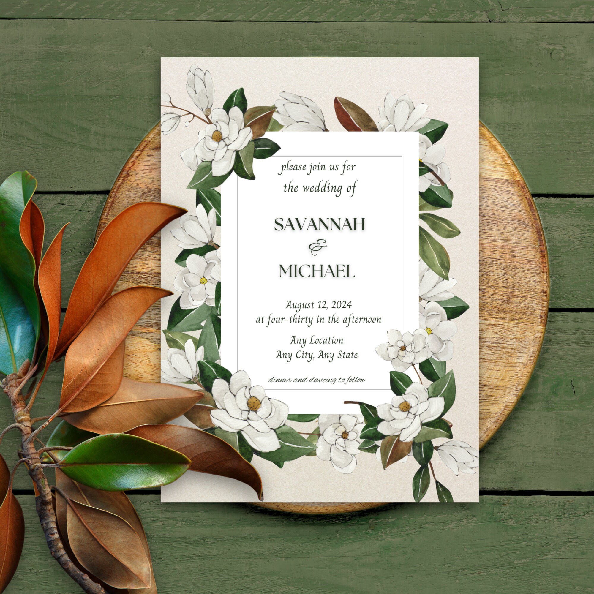 Printable Magnolia Wedding Invitation Bundle, Personalized Neutral ...